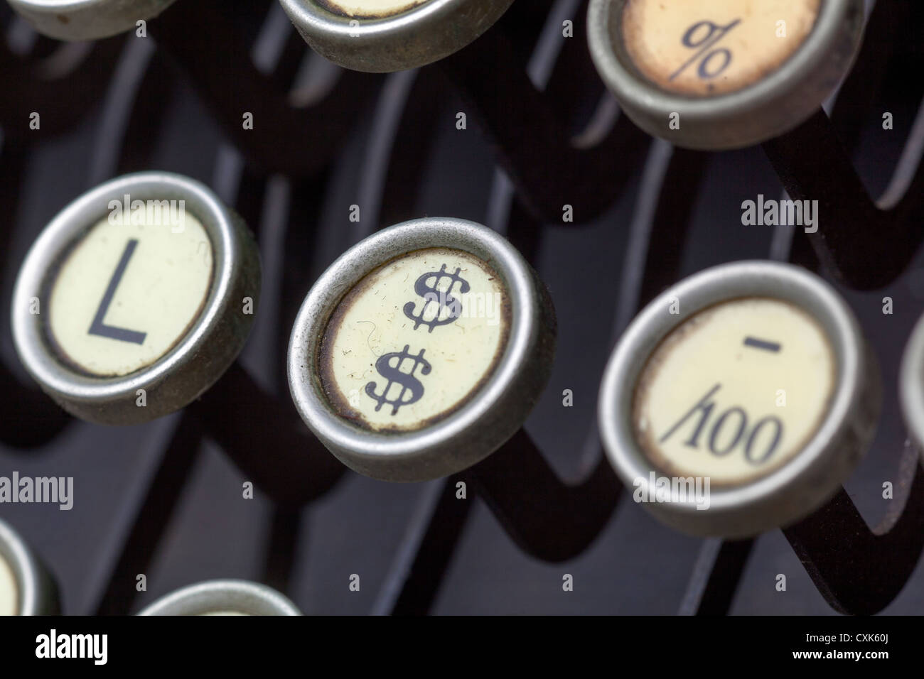 A closeup of an antique typewriter and the keys and letters and bars ...