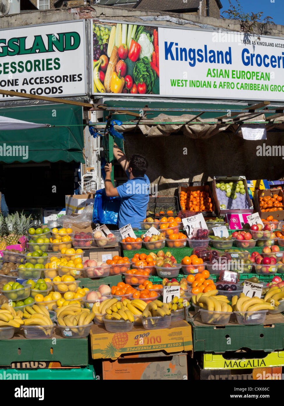 Fruit and vegetables stall at Ridley Rd. market in Hackney Stock Photo ...