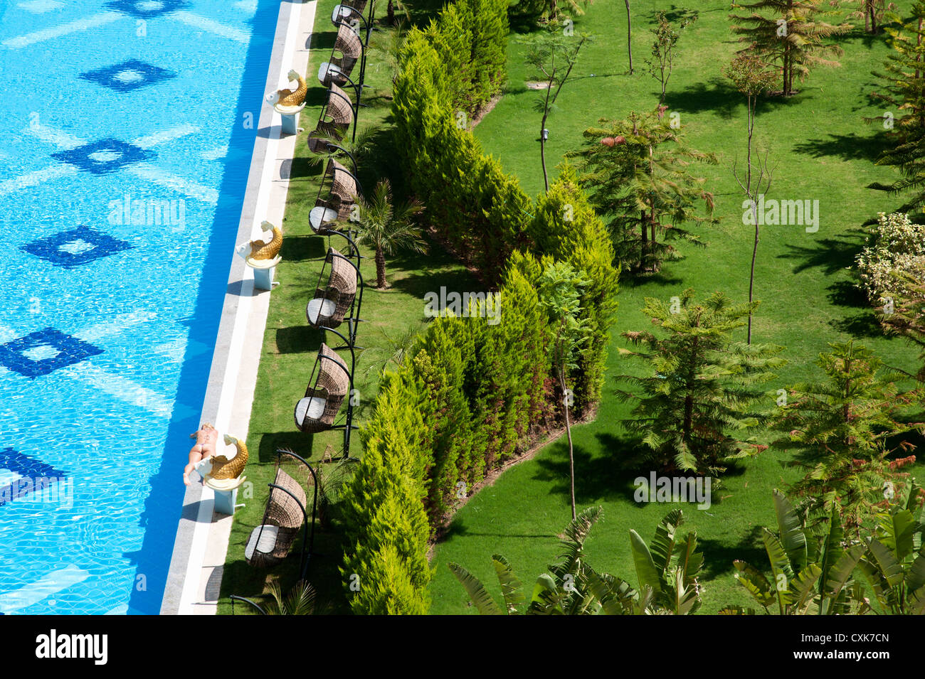 Woman lying on the edge of a swimming pool beneath a park Stock Photo ...
