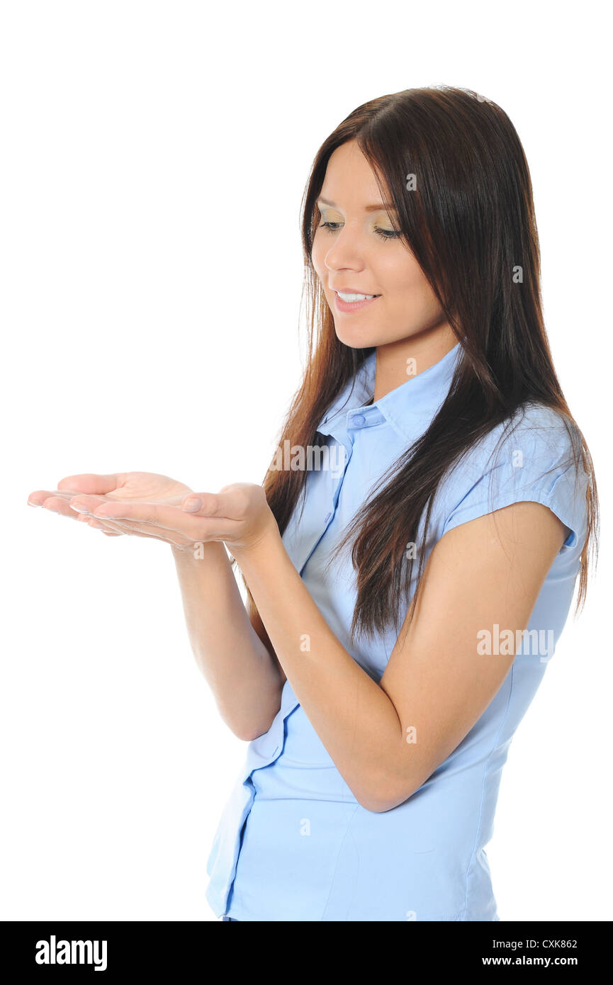 woman looks at her open palm Stock Photo - Alamy