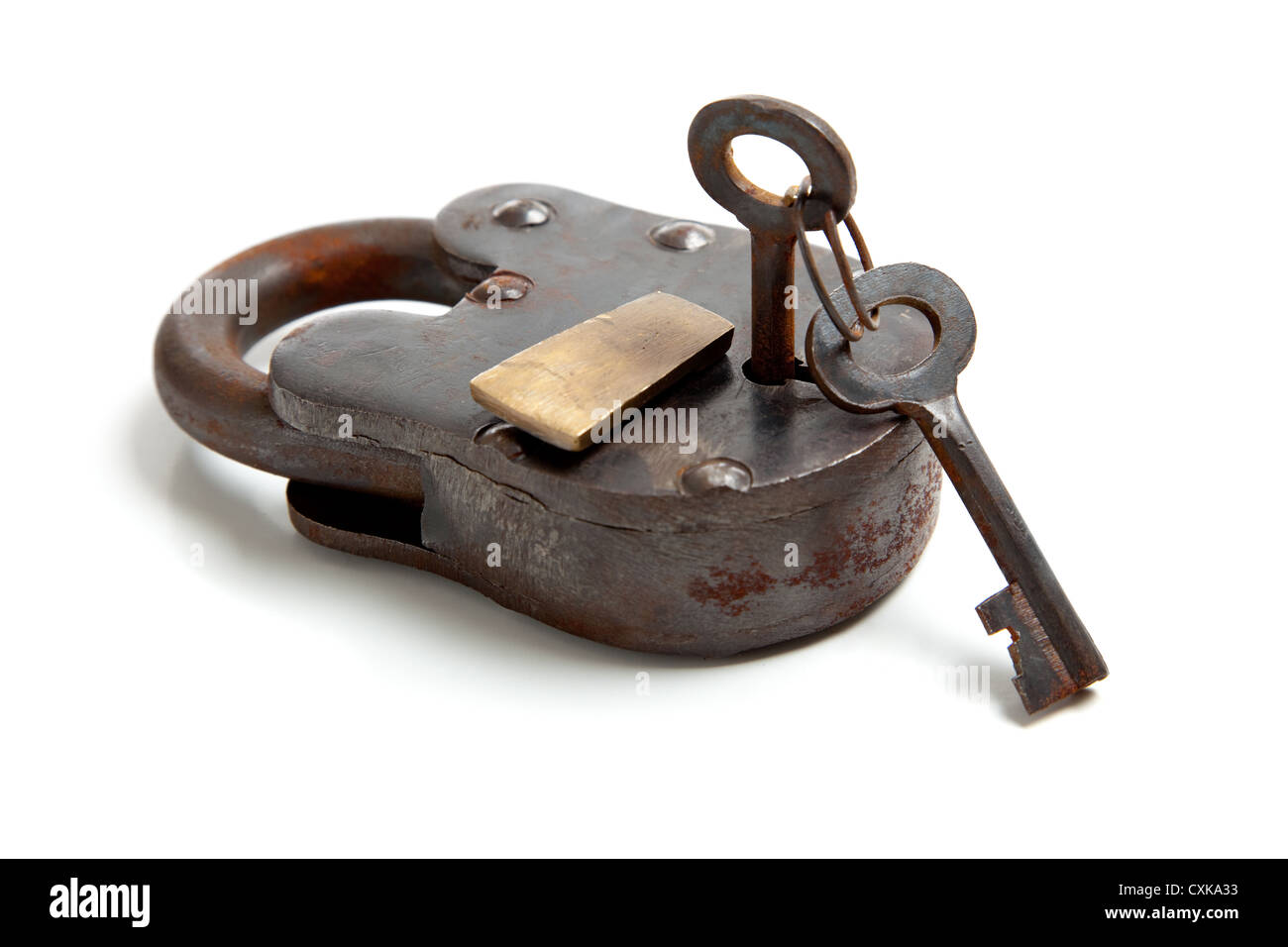 An antique lock with a skeleton key on a white background Stock Photo ...