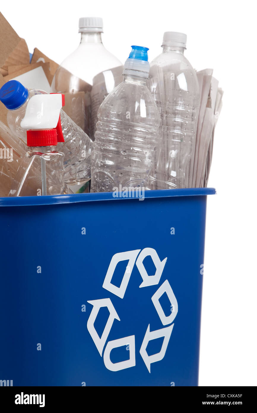 Blue recycle container with plastic bottles on a white background with ...