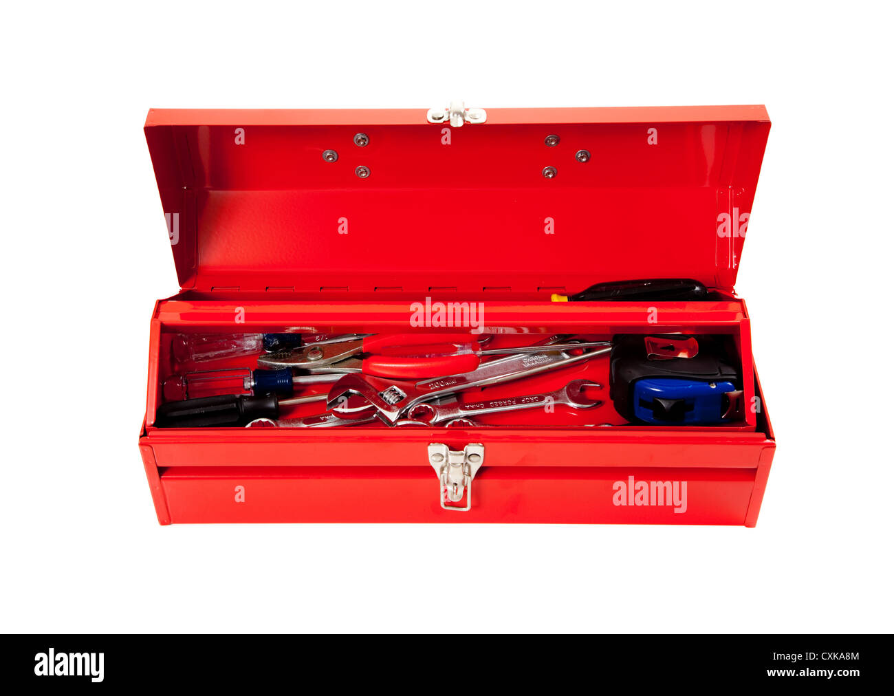 Red metal toolbox with tools on a white background Stock Photo - Alamy