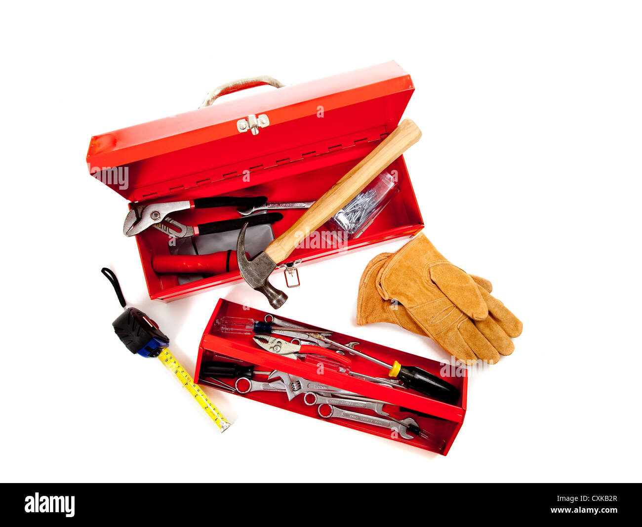 Red metal toolbox with various tools on a white background Stock Photo ...