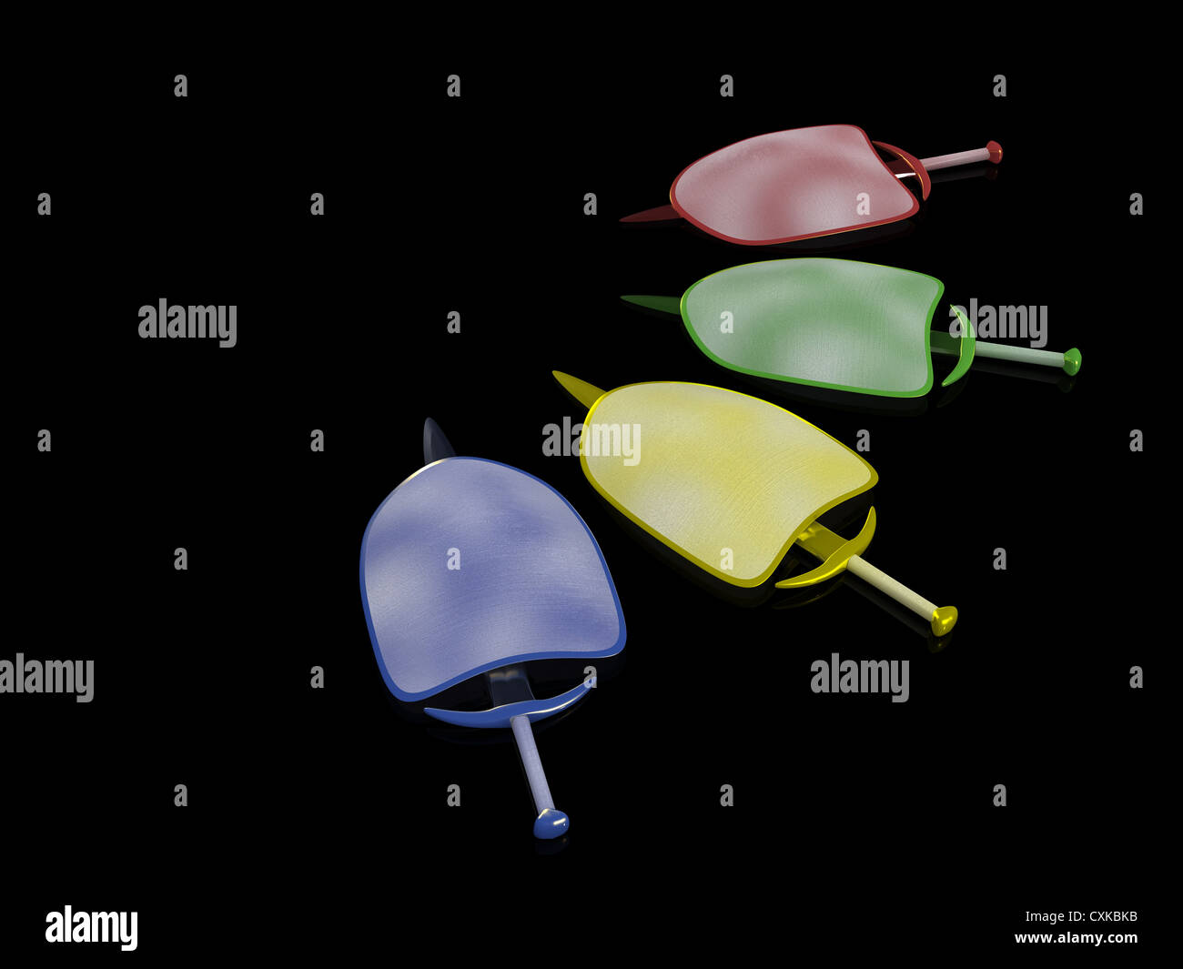 four shields and swords. 3d Stock Photo - Alamy