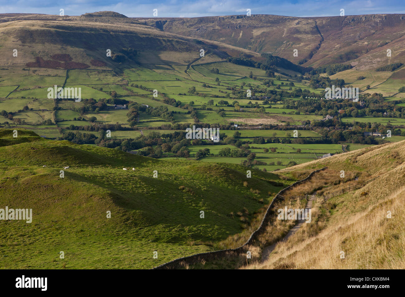 The Vale of Edale; from Mam Tor; with Edale Village nestled below ...
