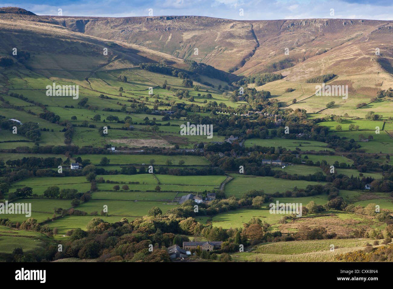 The Vale of Edale; from Mam Tor; with Edale Village nestled below ...