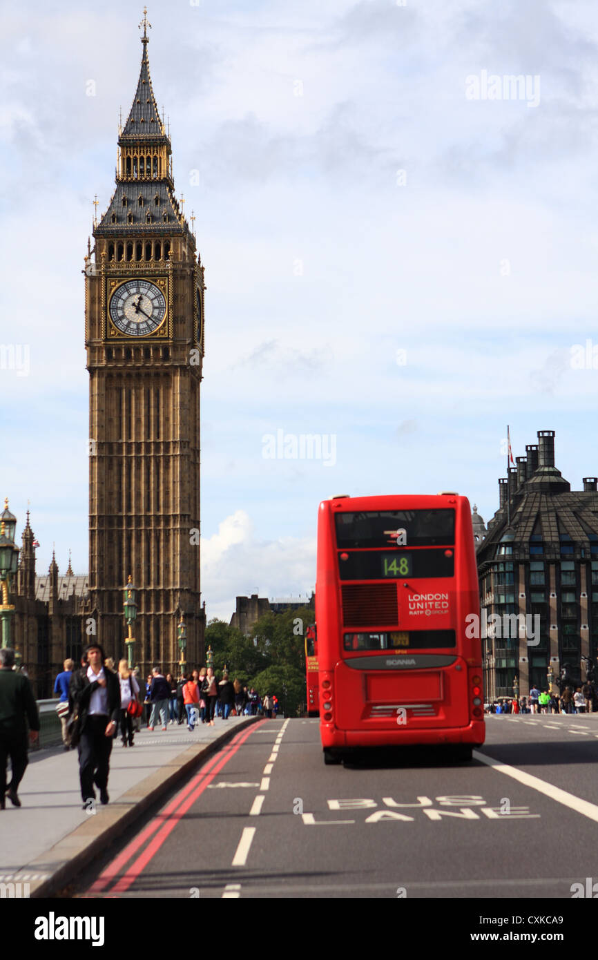 The rear of a London red double decker bus as it crosses Westminster ...