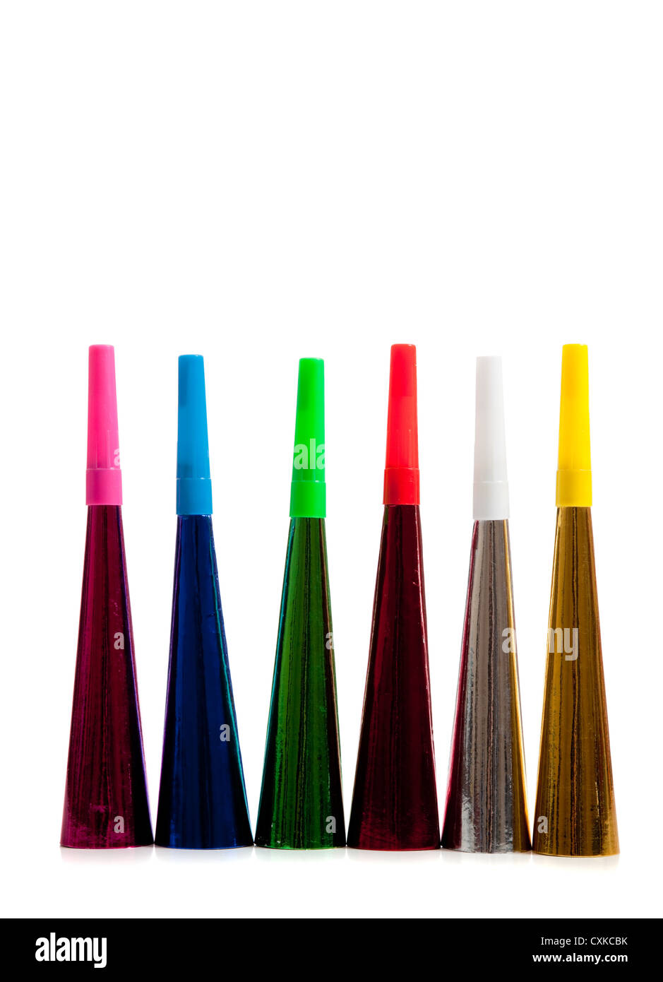 A row of noise makers including red, blue, green, pink, silver and goal ...