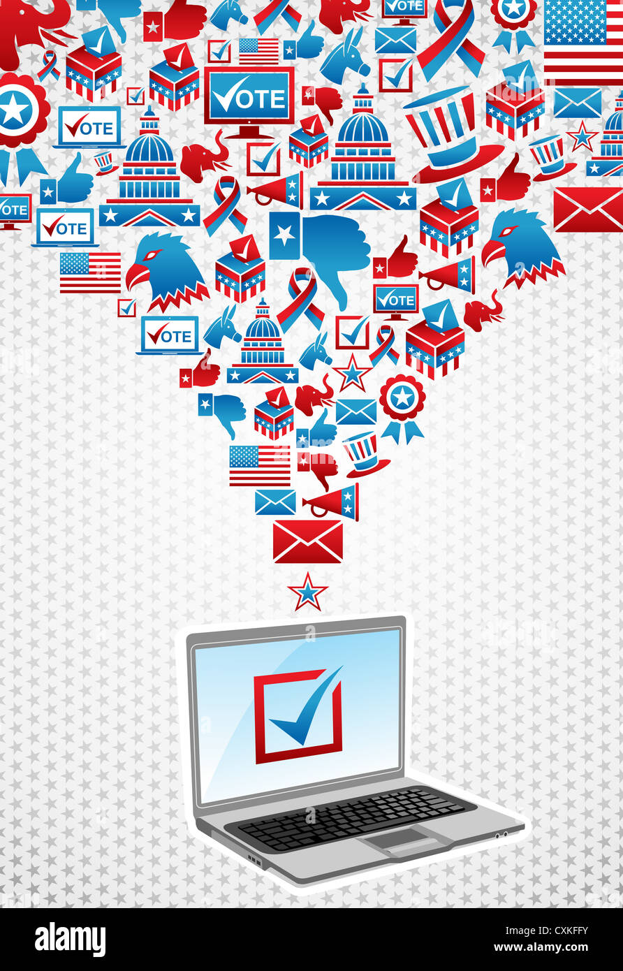 USA elections online voting: notebook with politics icons splash over ...