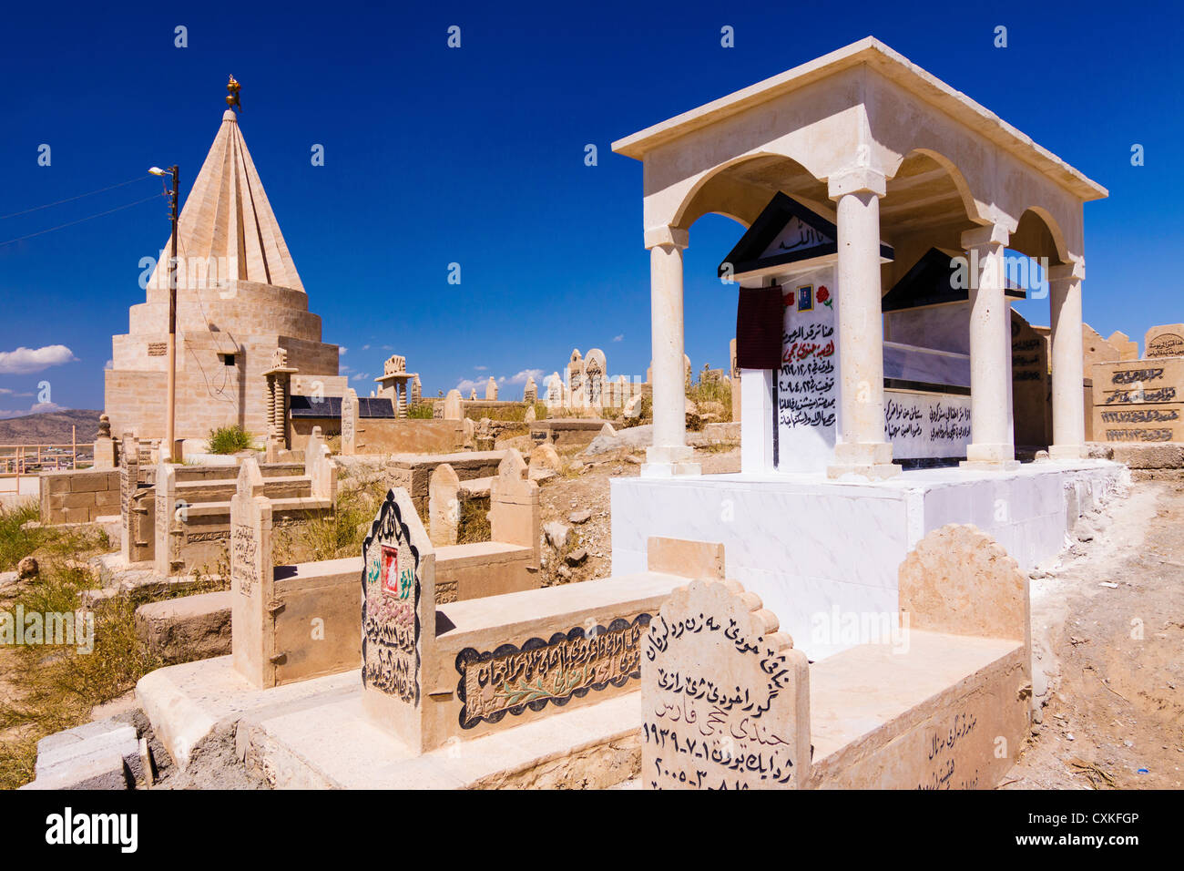 Yezidi graveyard and temples at Ain Sifni, traditional home of the ...