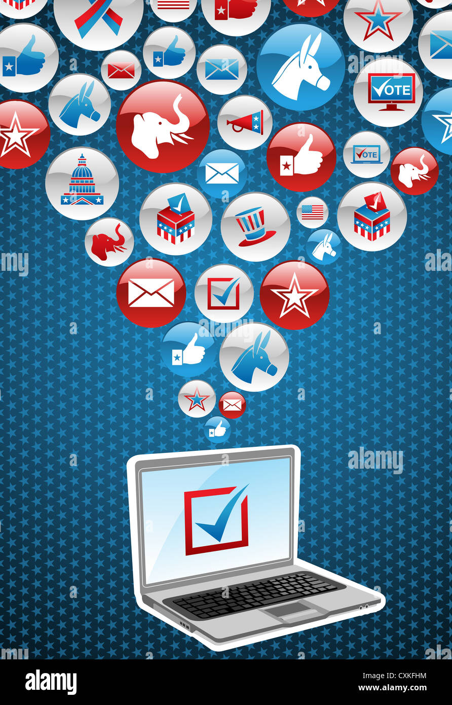 USA elections online voting: notebook with politics icons splash ...