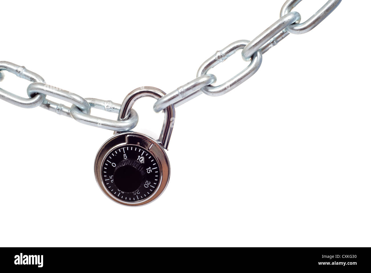 A combination lock and a silver chain on a white background with copy ...