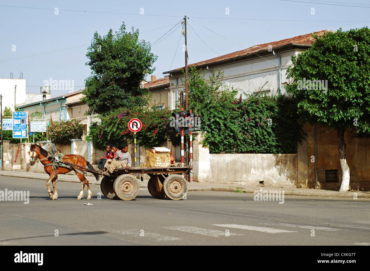 Eritrea, Asmara, side view of kids riding a horse cart in the middle of ...