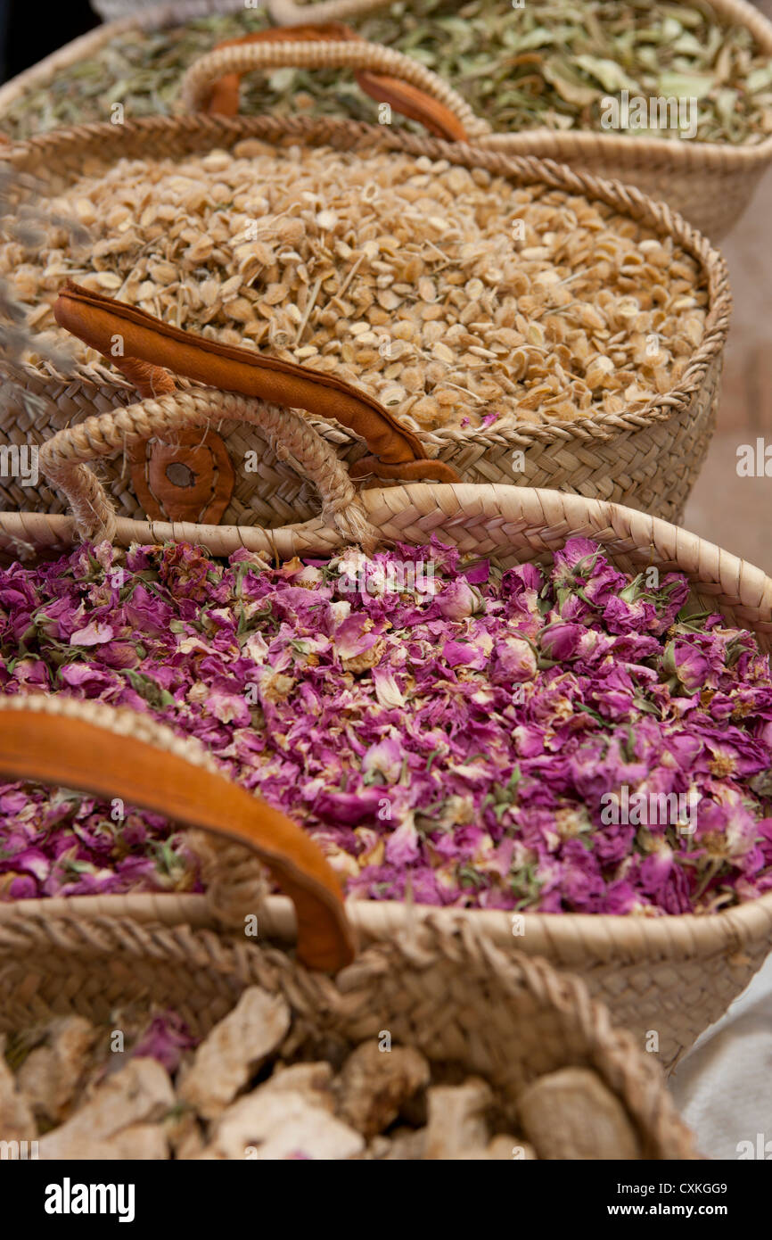 Dried flowers in baskets in market, Marrakech, Morocco Stock Photo - Alamy