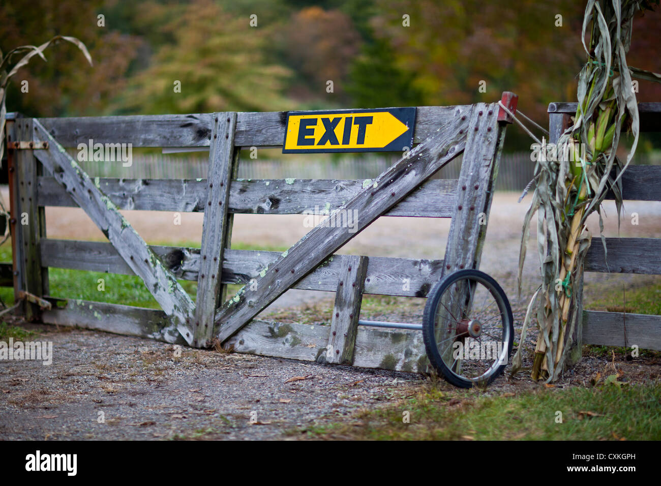 Old wooden gate on farm with exit direction sign Stock Photo - Alamy