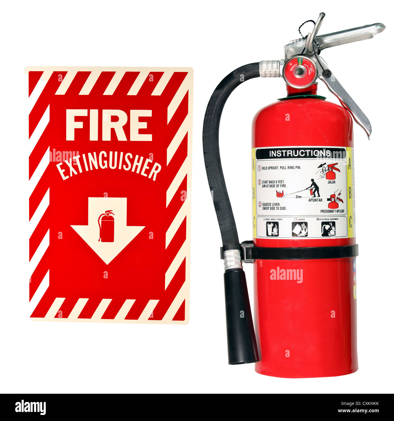 fire extinguisher and sign isolated over a white background Stock Photo ...