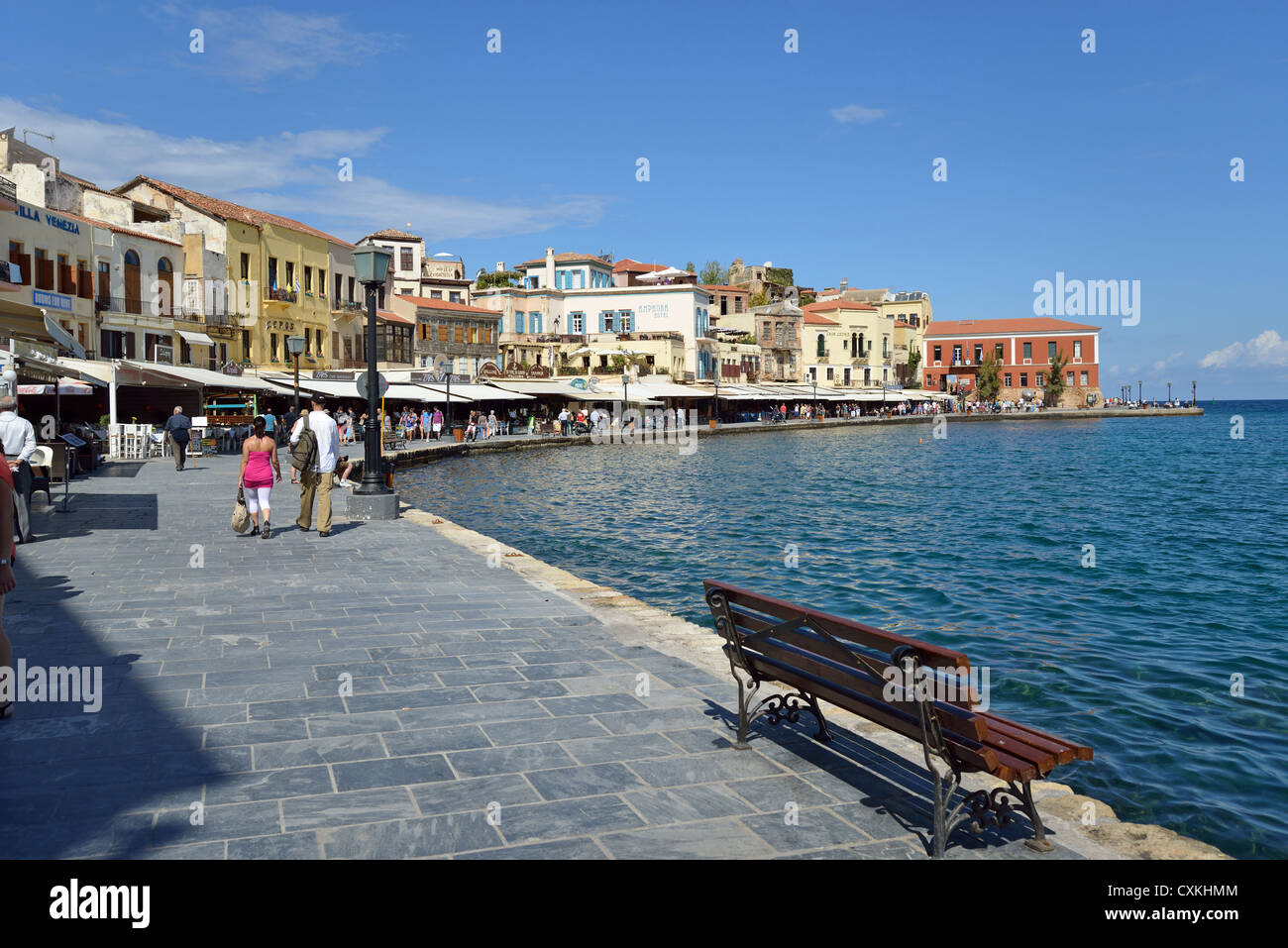 Restaurants on seafront promenade, Chania, Chania Prefecture, Crete ...