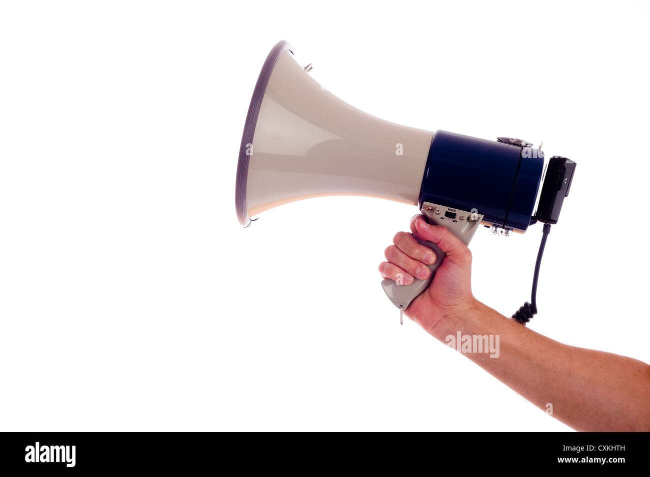 A Caucasian hand holding a megaphone on a white background Stock Photo ...