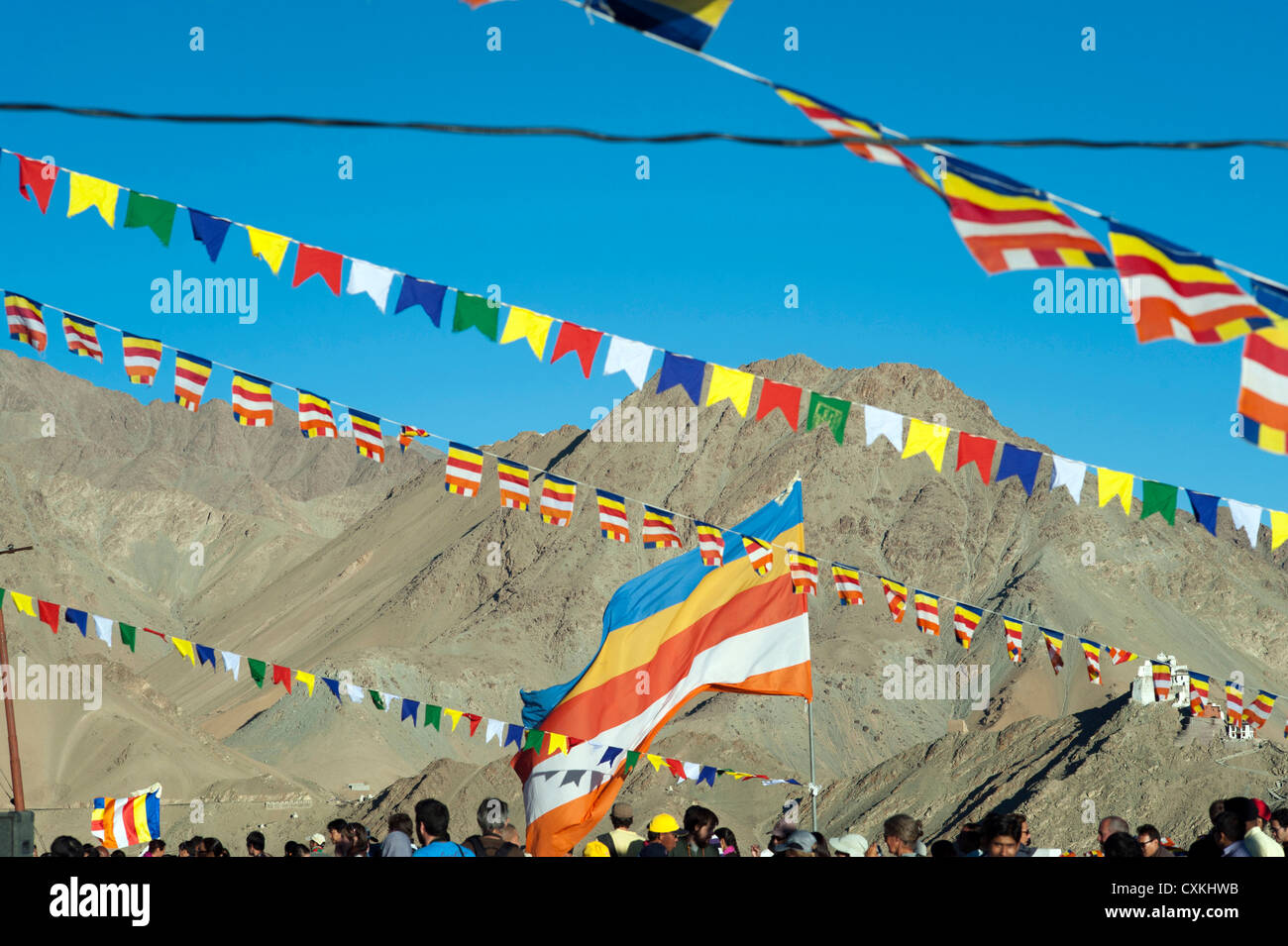 India, Ladakh, Leh, prayer flags at Shanti Stupa Stock Photo - Alamy