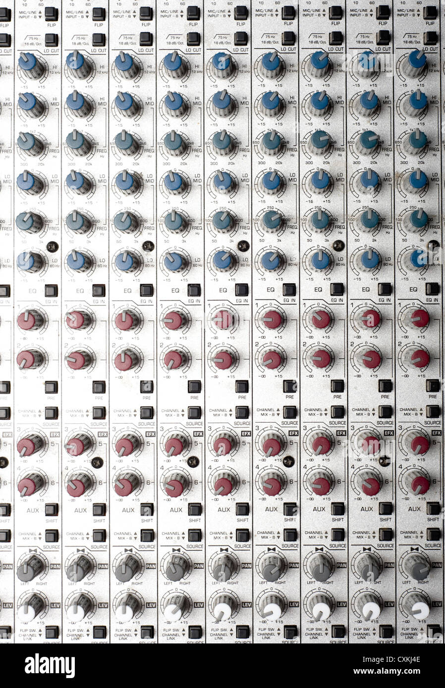 Audio recording equipment or soundboard background with many knobs and ...