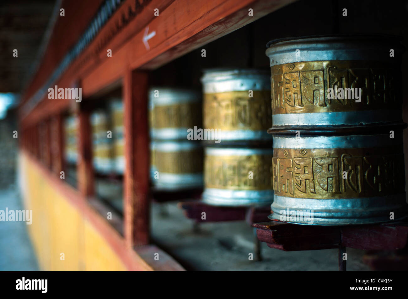 India, Ladakh, Hemis, prayer wheels in Hemis Monastery (Gompa ...