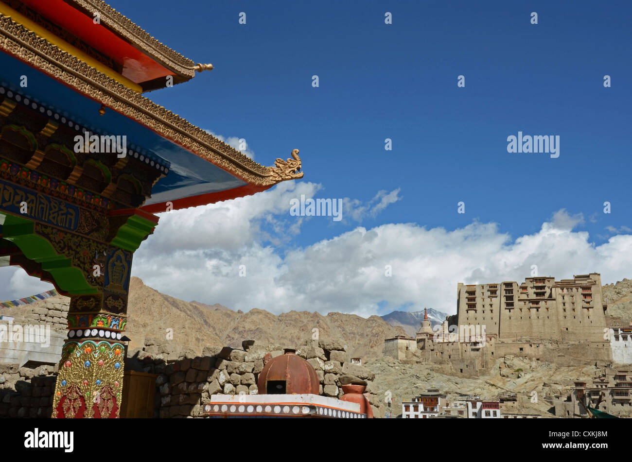 India, Ladakh, Leh, small colorful Buddhist temple with dragon figure ...