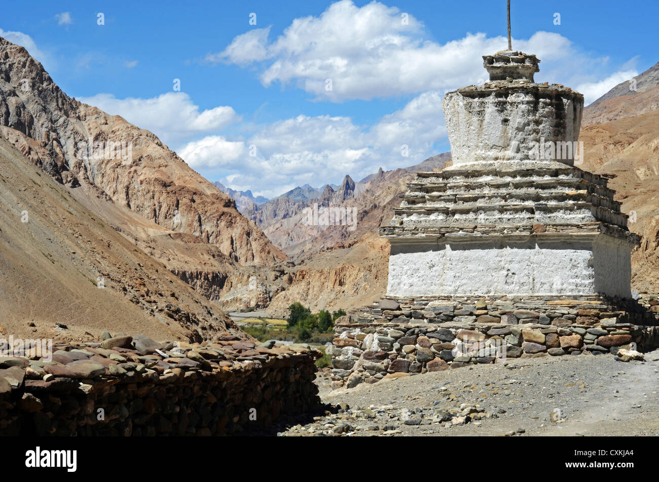 India, Ladakh, Markha Valley, white stupa in scenic landscape of the ...