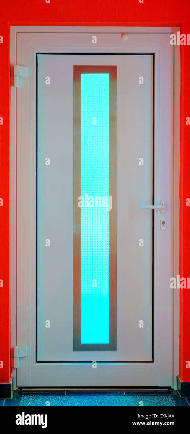 Close up of a modern plastic door with window, stitched and Hdr Stock ...