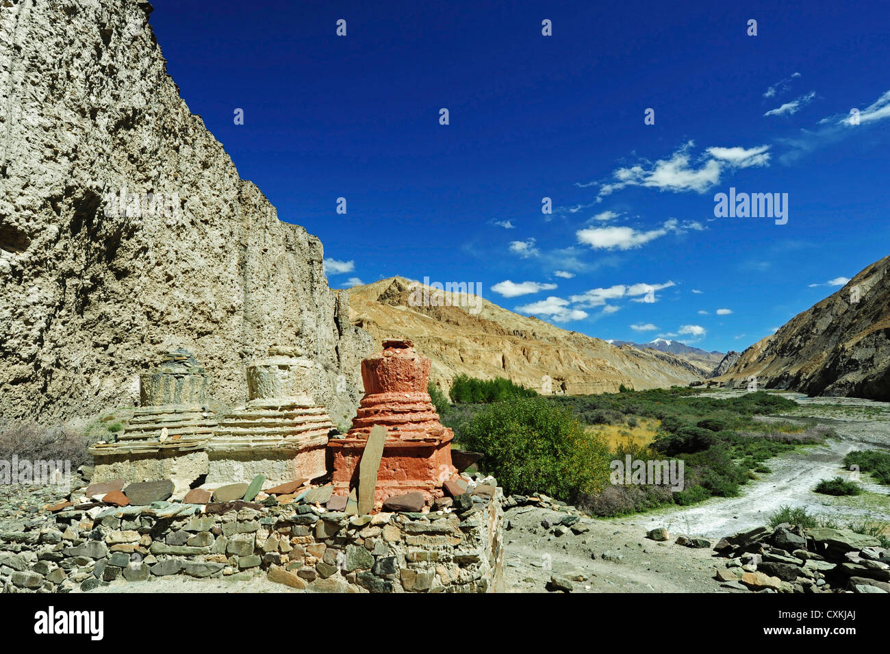 India, Ladakh, Markha Valley, white and colored stupa in scenic ...