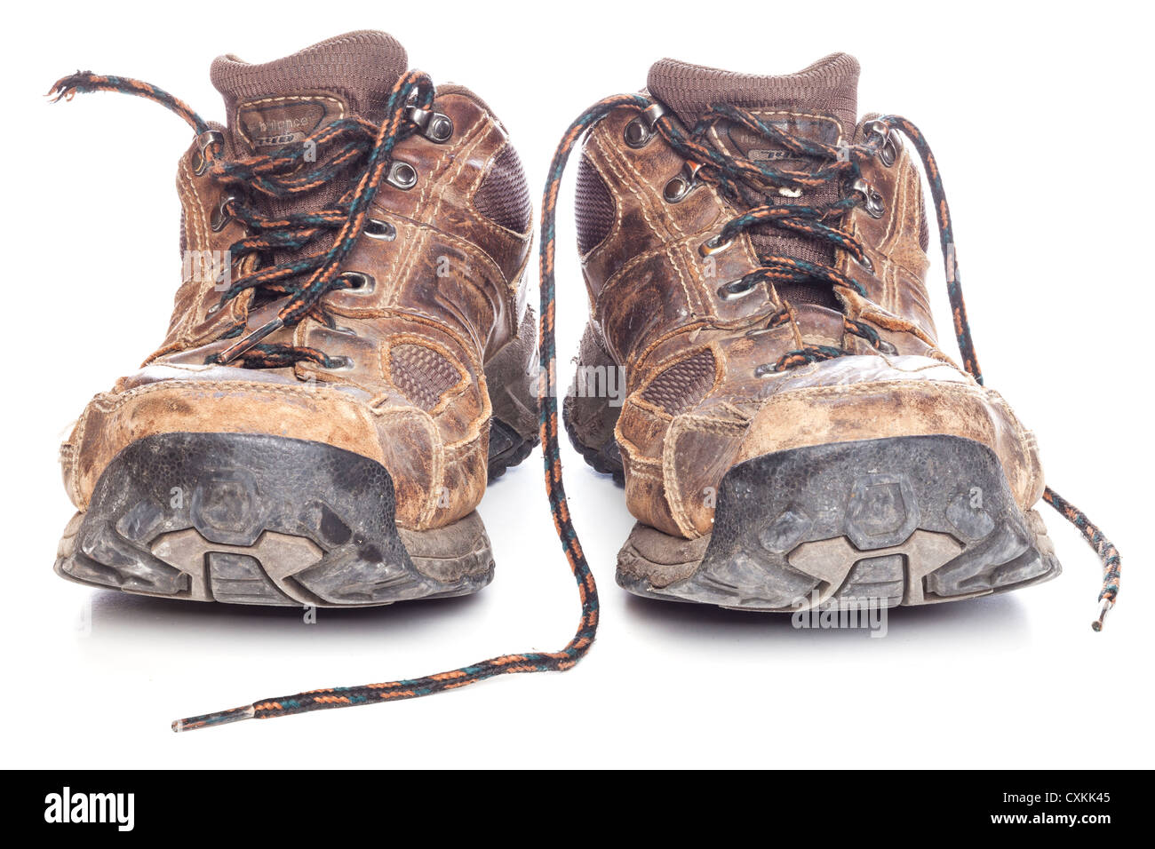 A pair of old shoes, men's size 11, on a white background. Focus stack ...