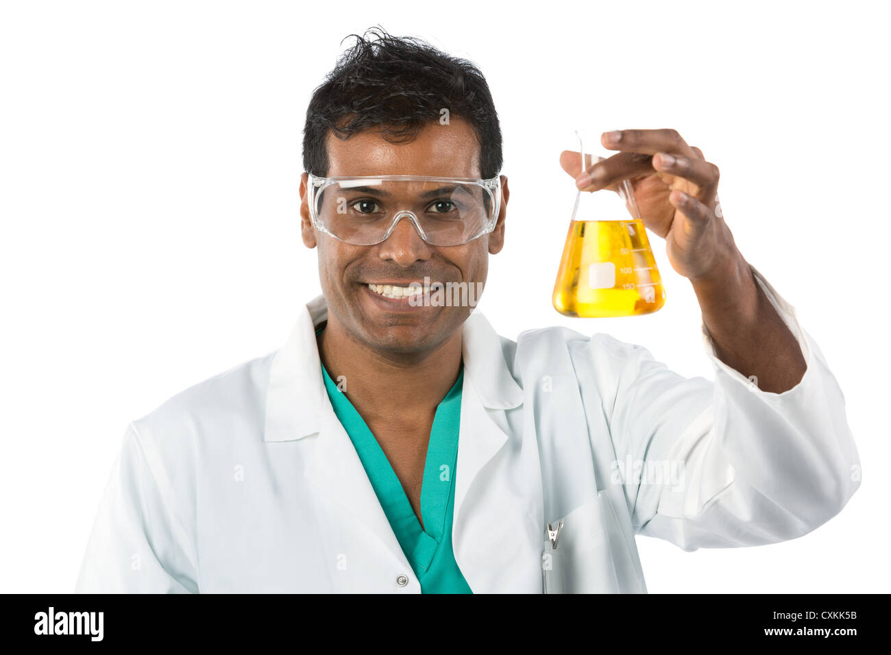 Indian lab technician holding a flask Stock Photo - Alamy