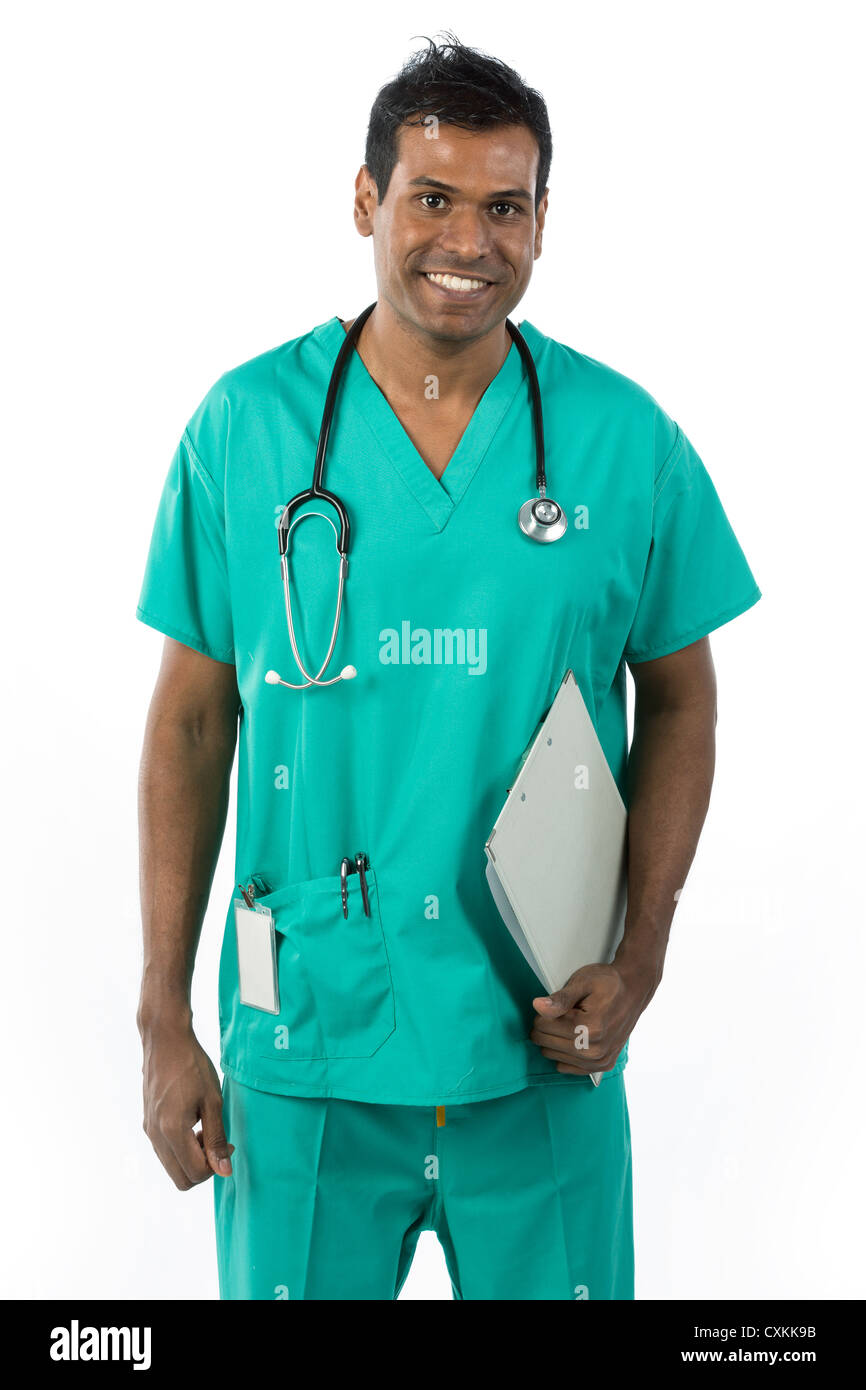 Indian doctor wearing a green scrubs. Isolated on white Stock Photo - Alamy