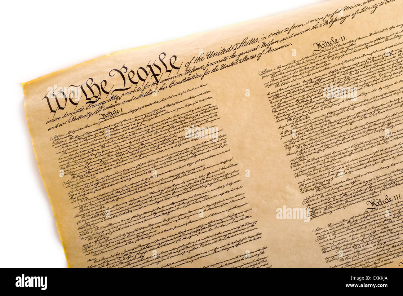 A copy of the United States Constitution on a white background Stock ...