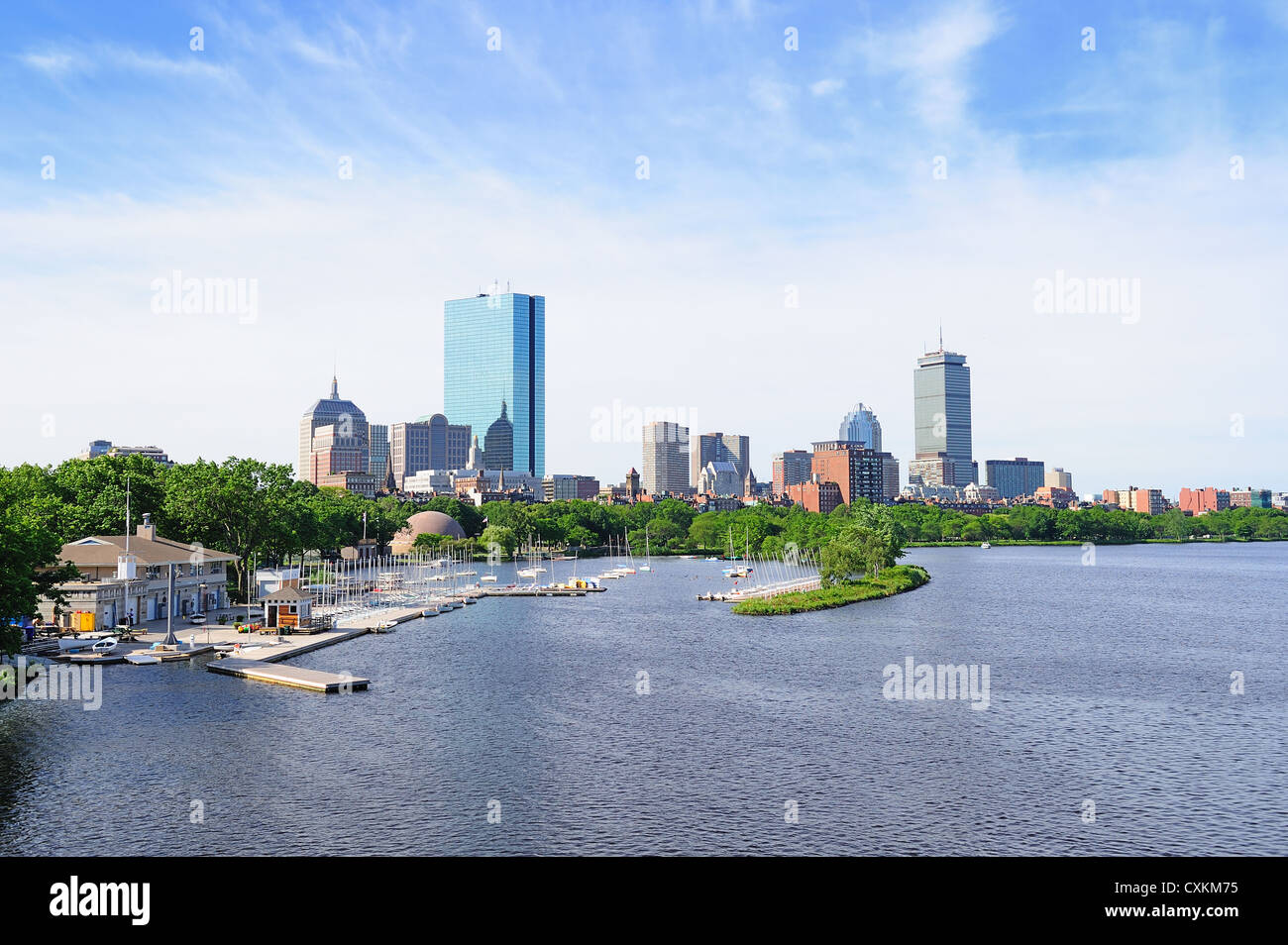 Boston back bay with sailing boat and urban building city skyline in ...