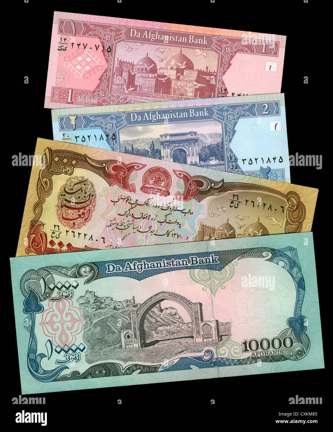 Afghan banknotes - 1, 2, 1000 and 10,000 Afghanis (2002-2004 Stock ...