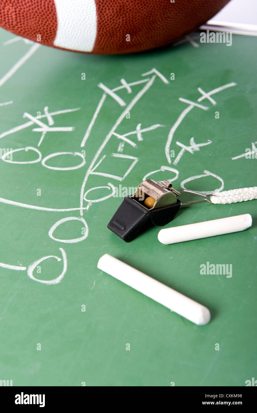 A diagram of a football play on a chalkboard with a football, chalk ...