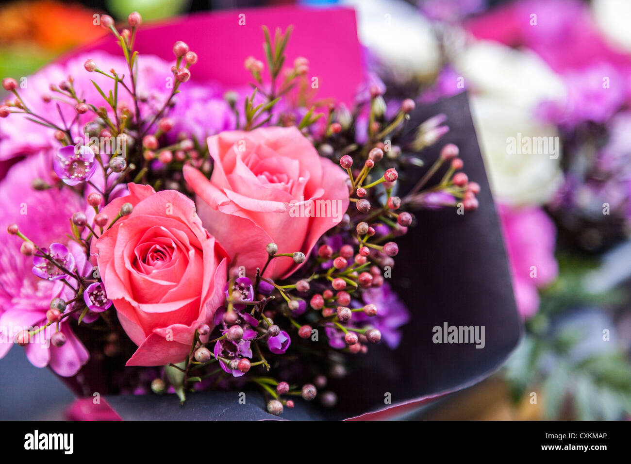 Close-up image of a beautiful flowers bouquet with two pink roses Stock ...