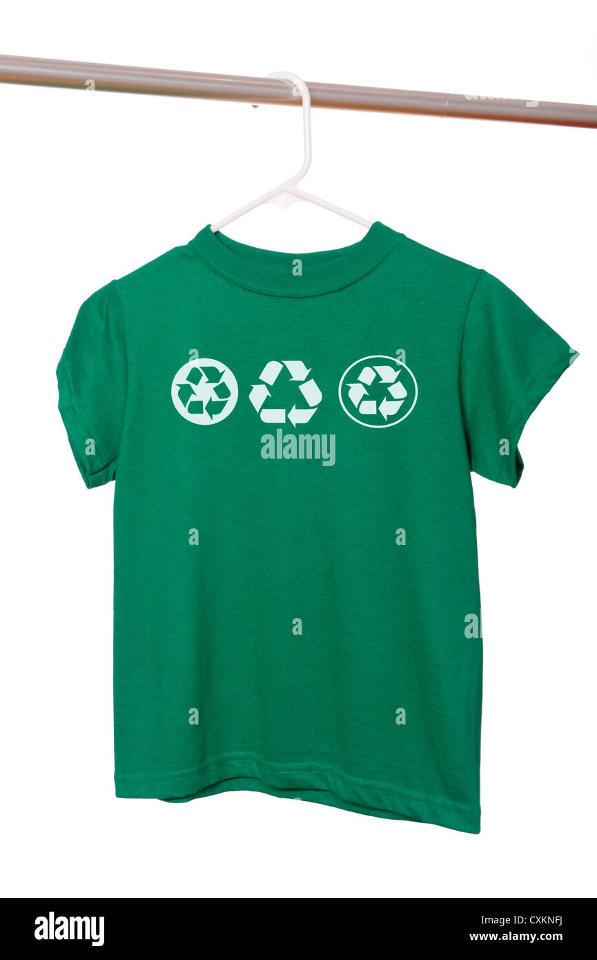 A green t-shirt on a hanger with recycle symbols on a white background ...