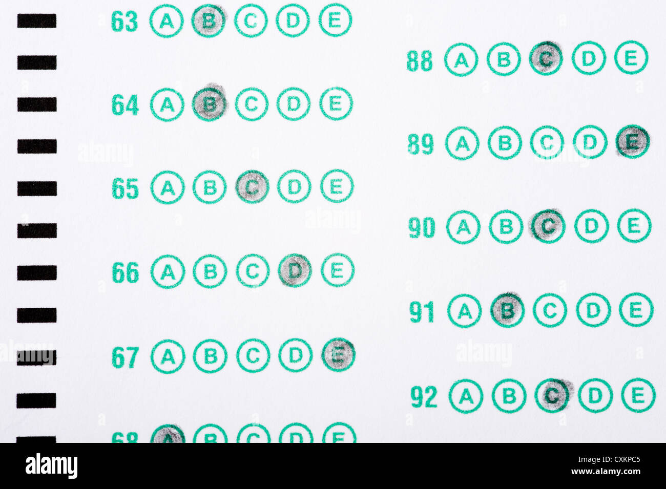 A computer read answer sheet for a text or examination at school Stock ...