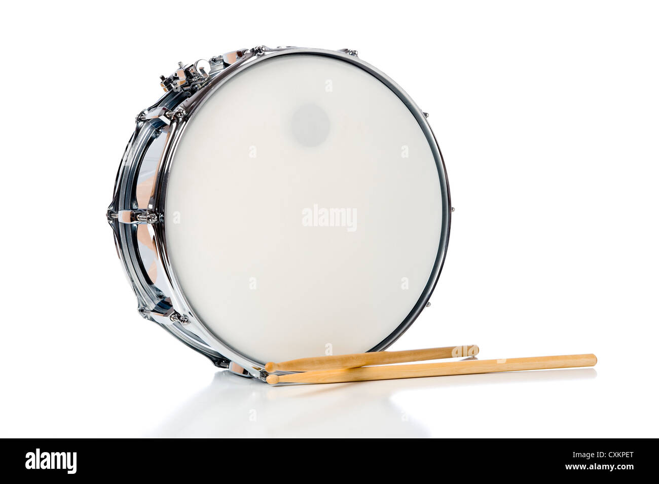 A new silver snare drum with sticks on a white background Stock Photo ...