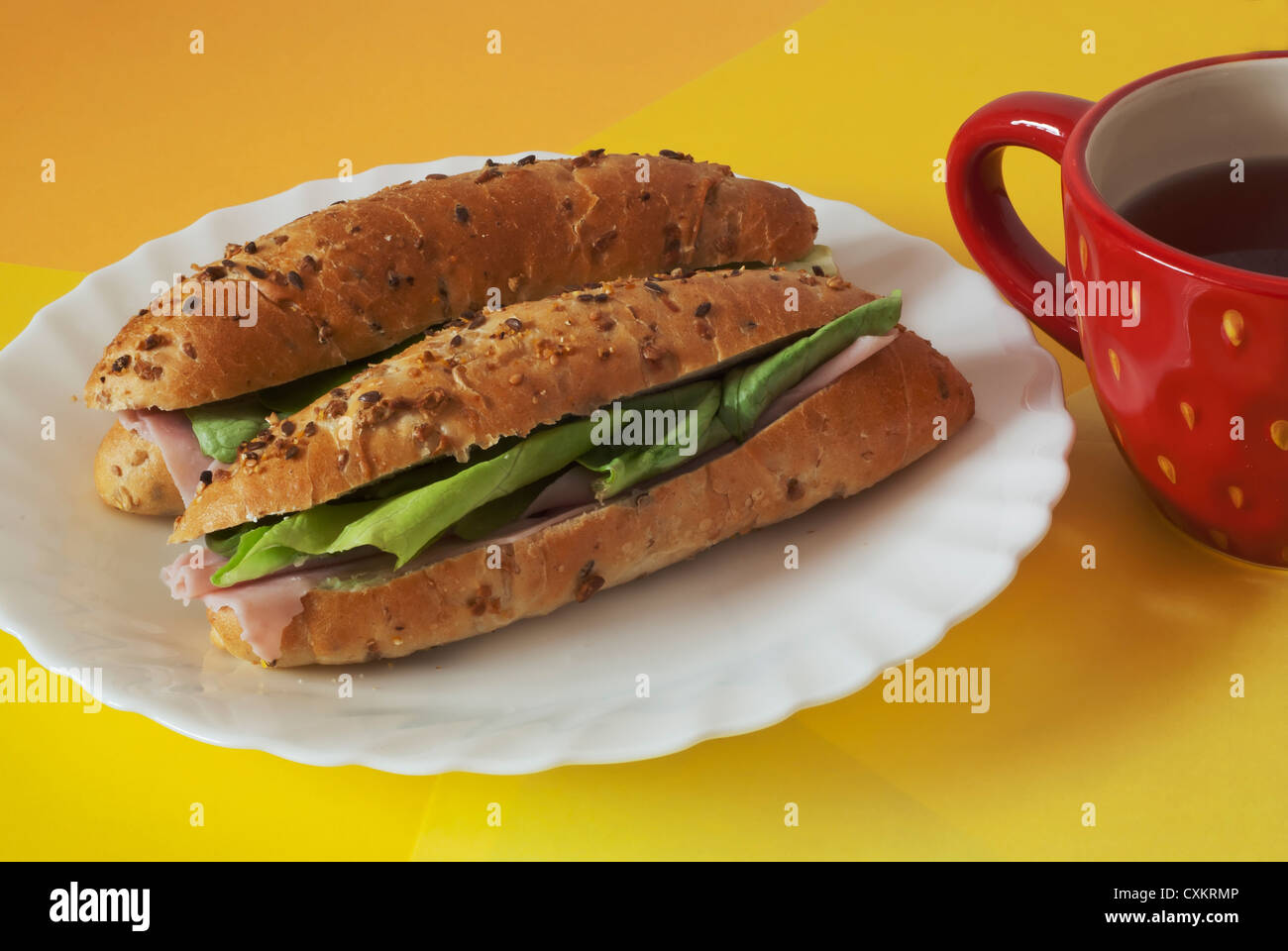 Ham sandwiches with cup of tea Stock Photo - Alamy