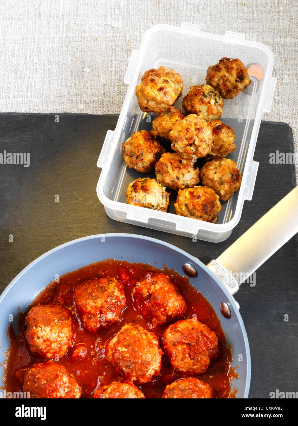 Container of Meatballs and Meatballs with Sauce in Pan Stock Photo - Alamy