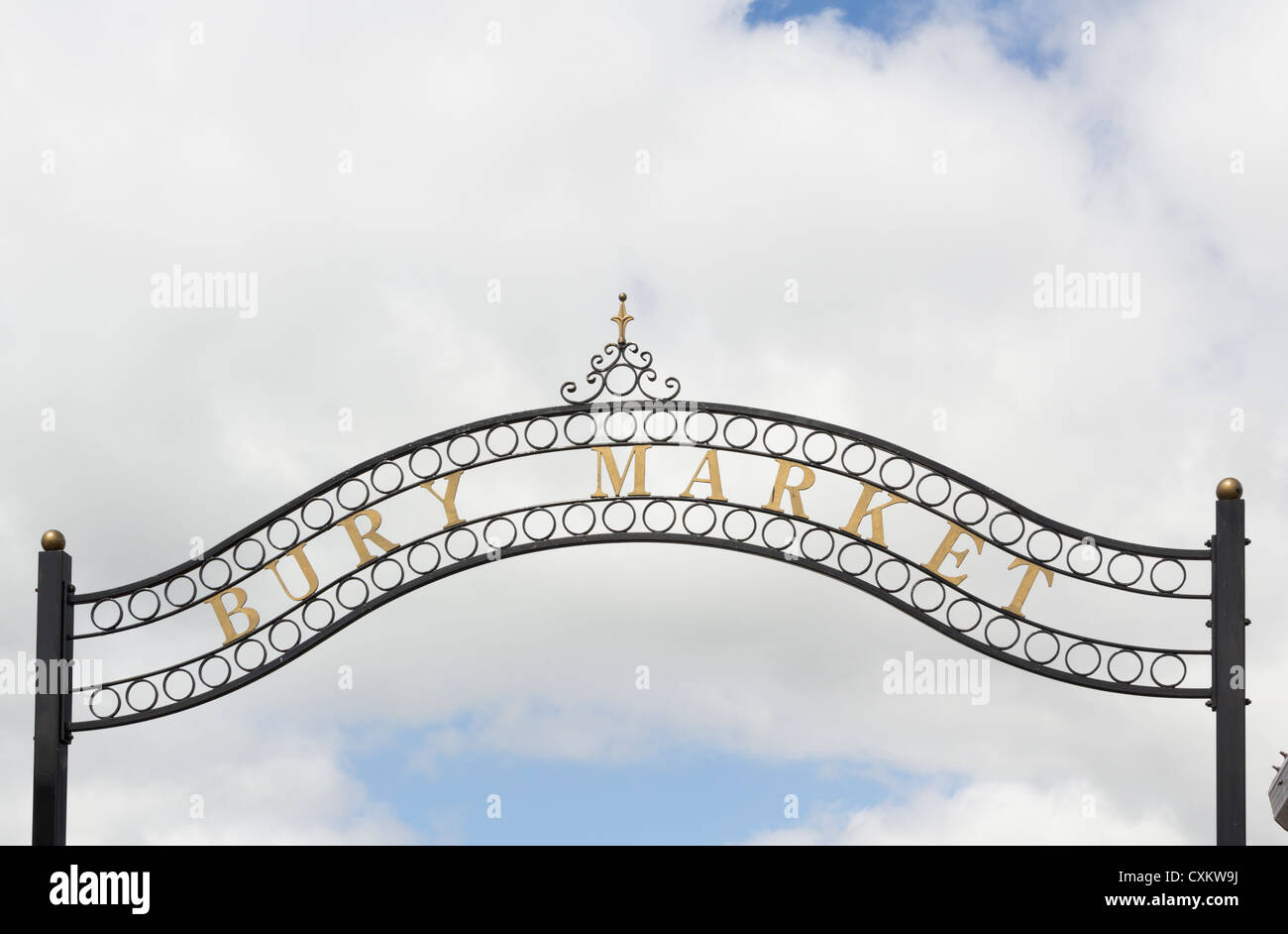 Wrought iron sign for Bury Market at entrance in the SE corner of the ...