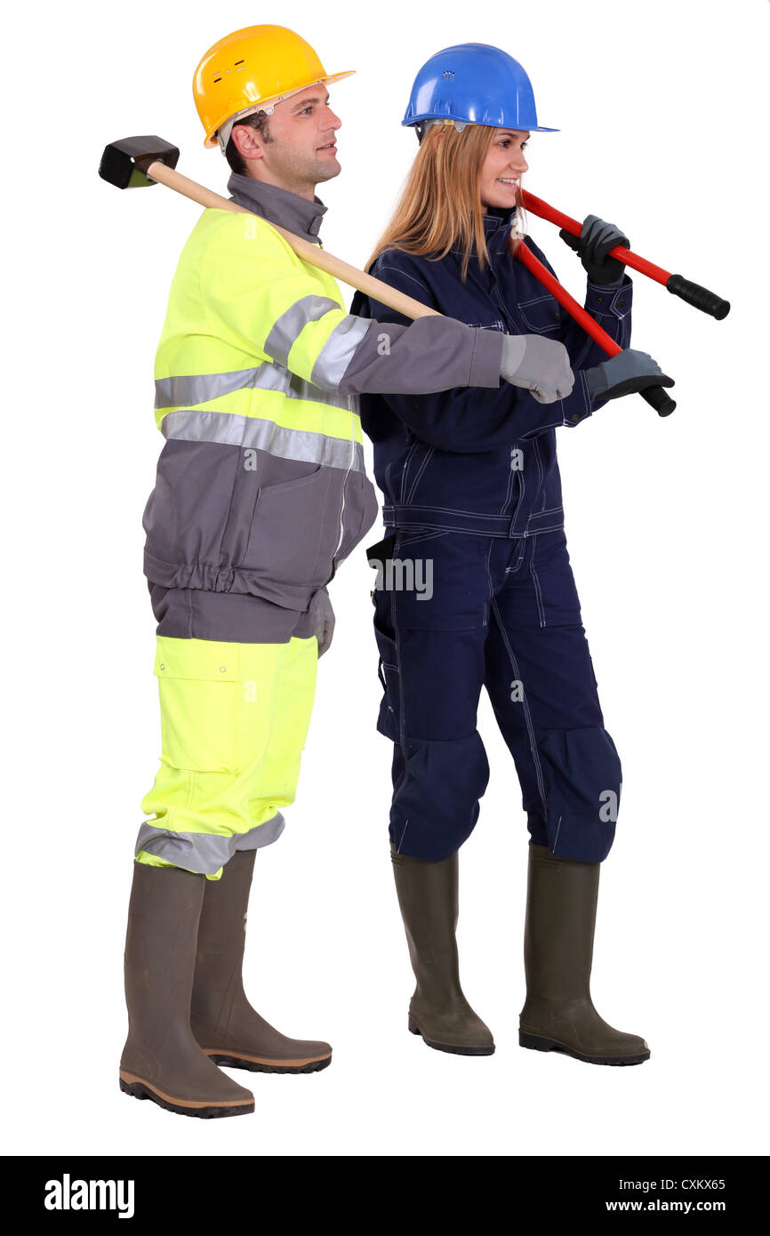Man and woman construction workers Stock Photo - Alamy