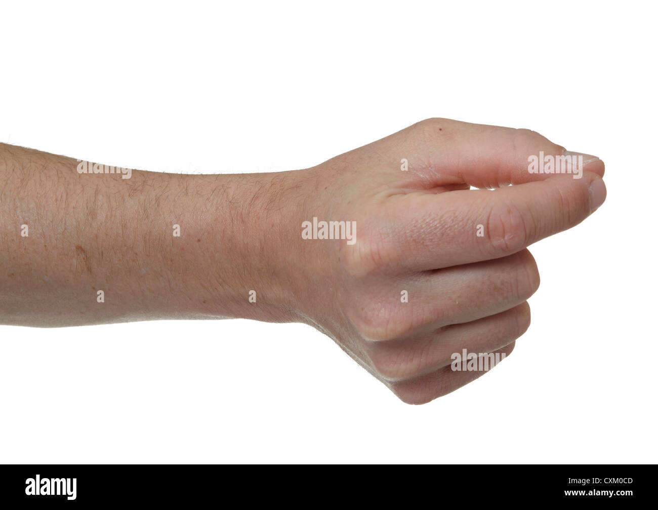 Holding small object (pin?) Male hand gesture on plain white. Cut Out ...