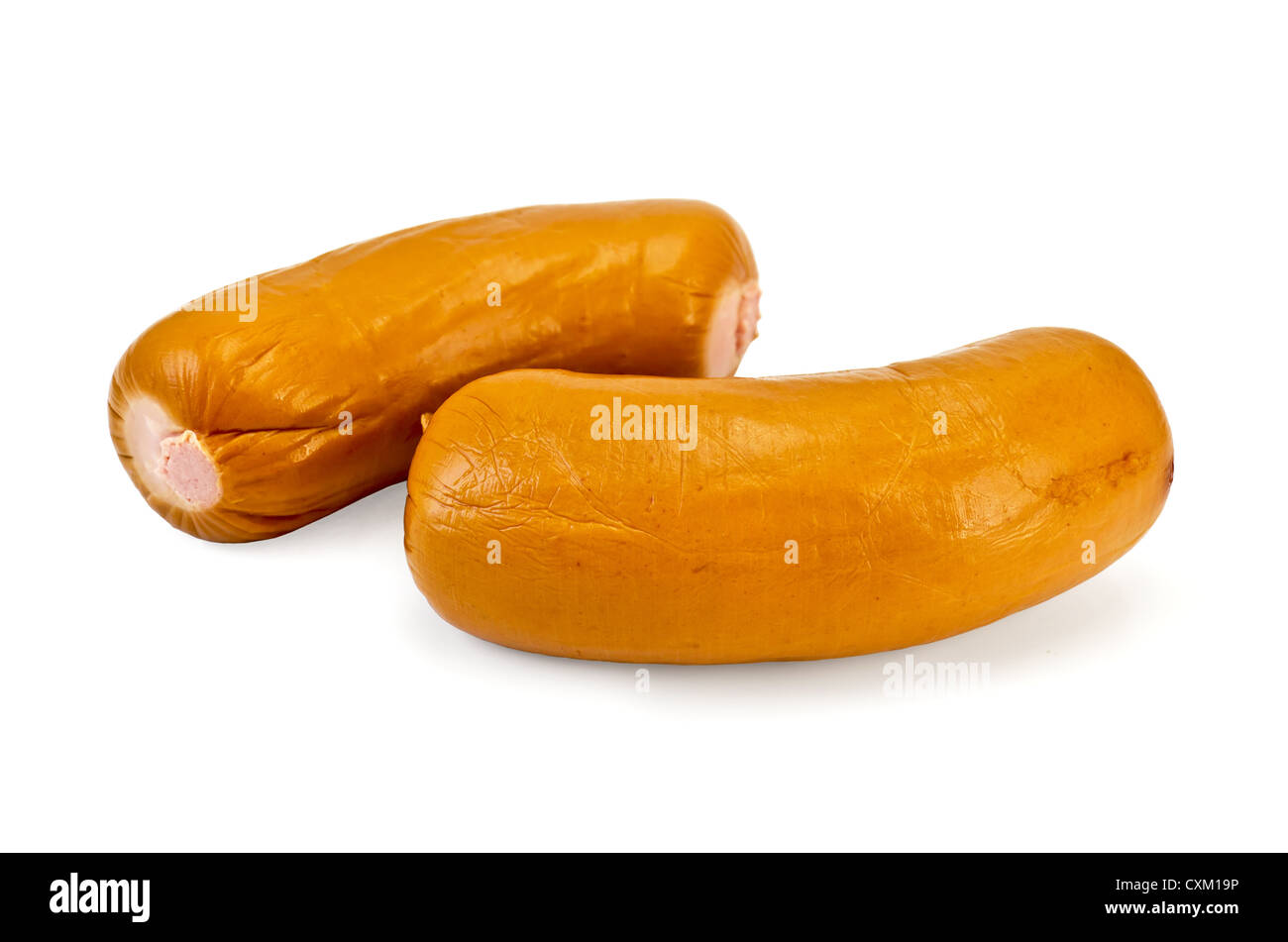Two smoked sausage isolated on white background Stock Photo - Alamy