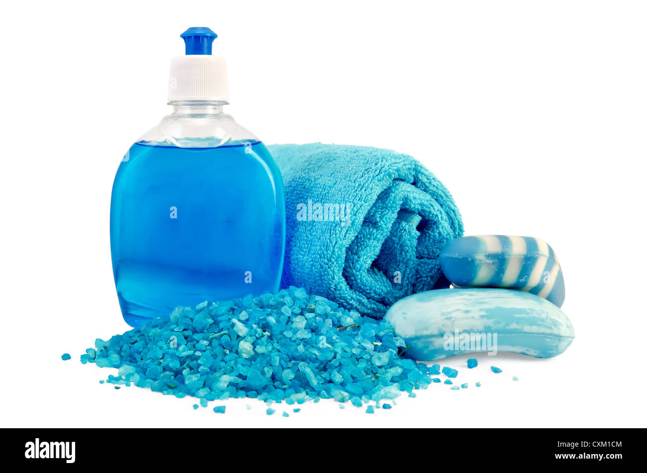 Blue liquid soap in a bottle, solid blue striped and mottled soap, bath ...
