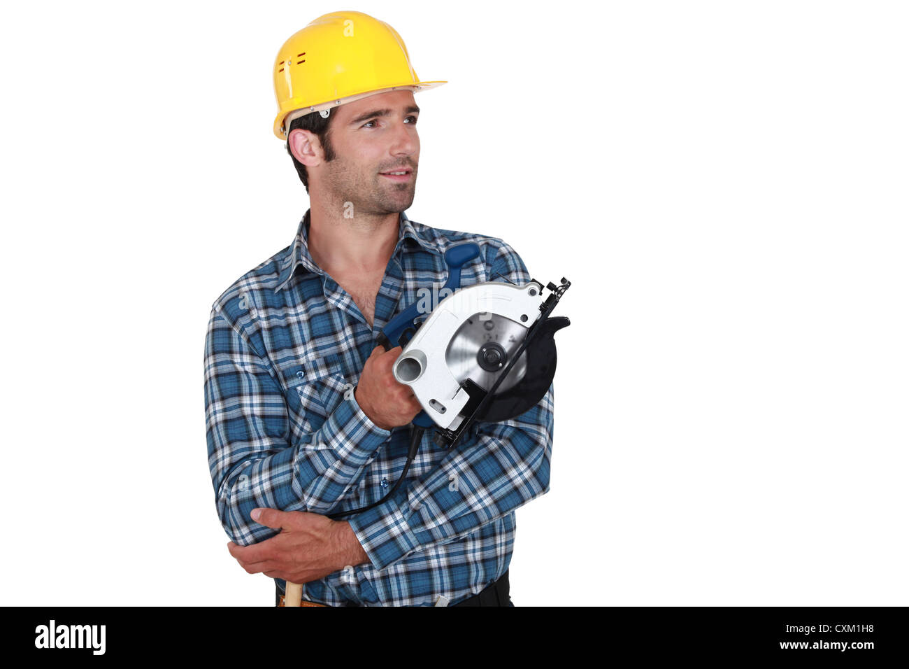 Man holding circular-saw Stock Photo - Alamy