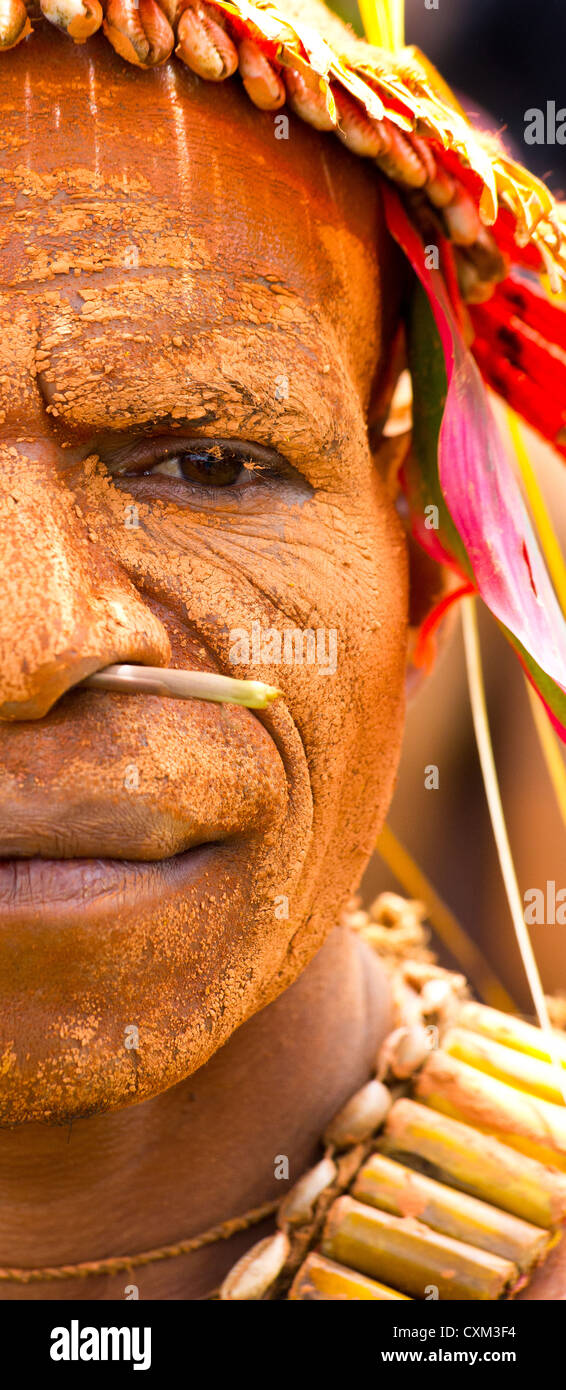 Portrait of a man wearing traditional tribal costume at the singsing ...